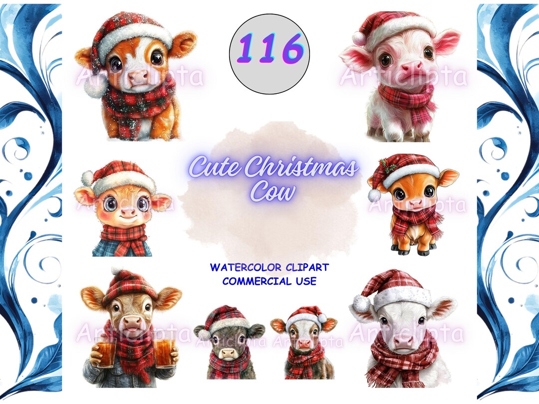 116 Cute Christmas Cow PNG Clipart Bundle, Baby Calf Plaid Scarf, Hat ...