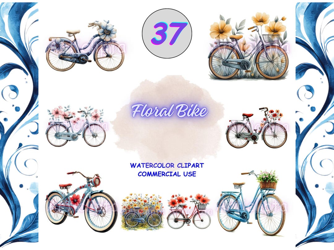 Watercolor Floral Bike Clipart Bundle: Spring Garden PNG (digital ...