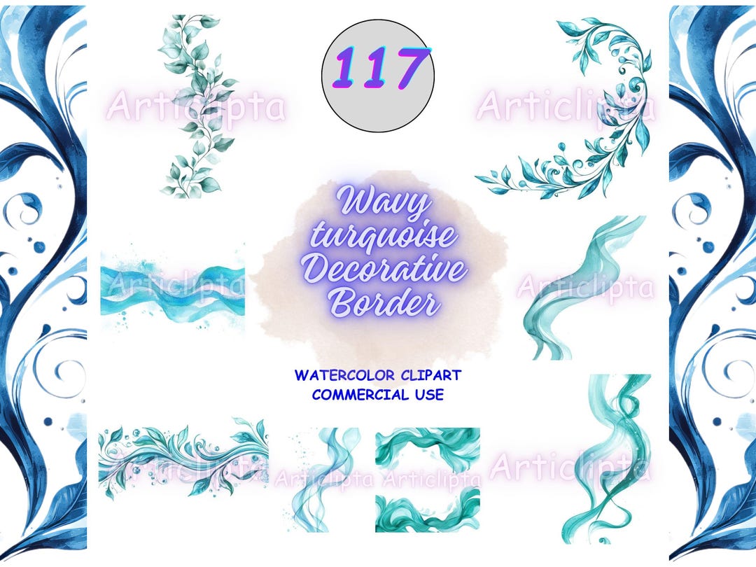 Watercolor Turquoise Border Clipart: Wavy Invitation Frames (PNG ...