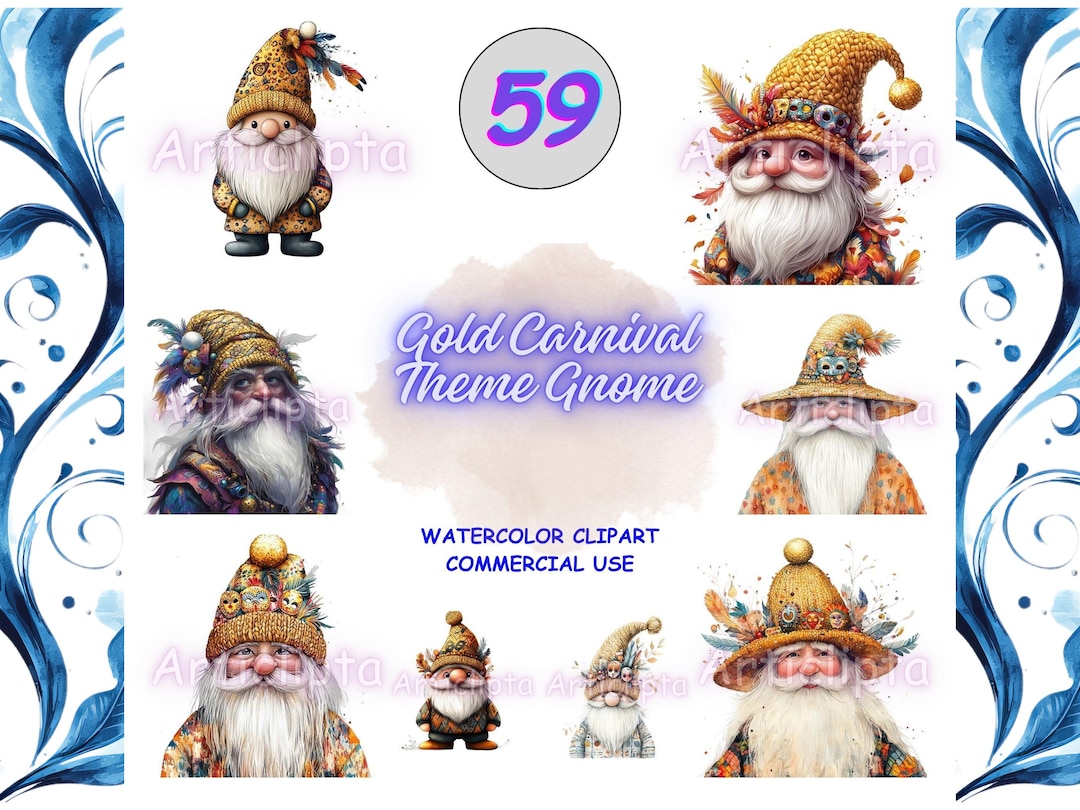 59 Gold Carnival Gnome, Whimsical Festive Masks Feathers Beads, Elegant ...