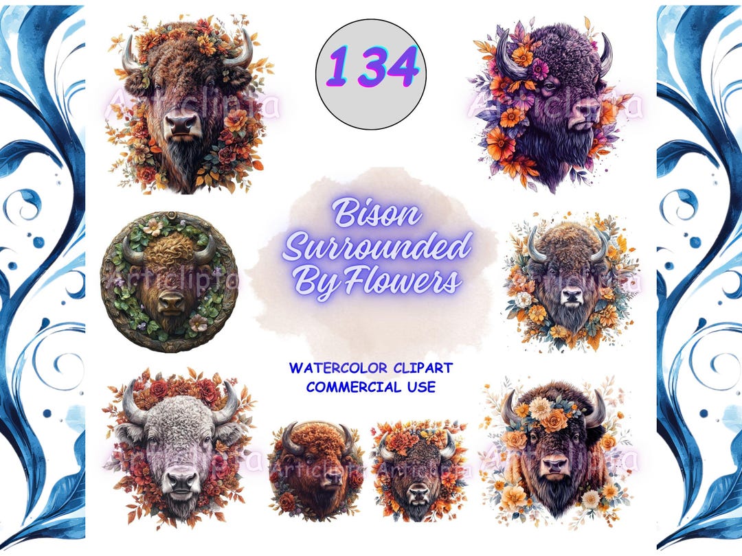 Bison Floral Watercolor Clipart Bundle (PNG), 134 Images - Etsy