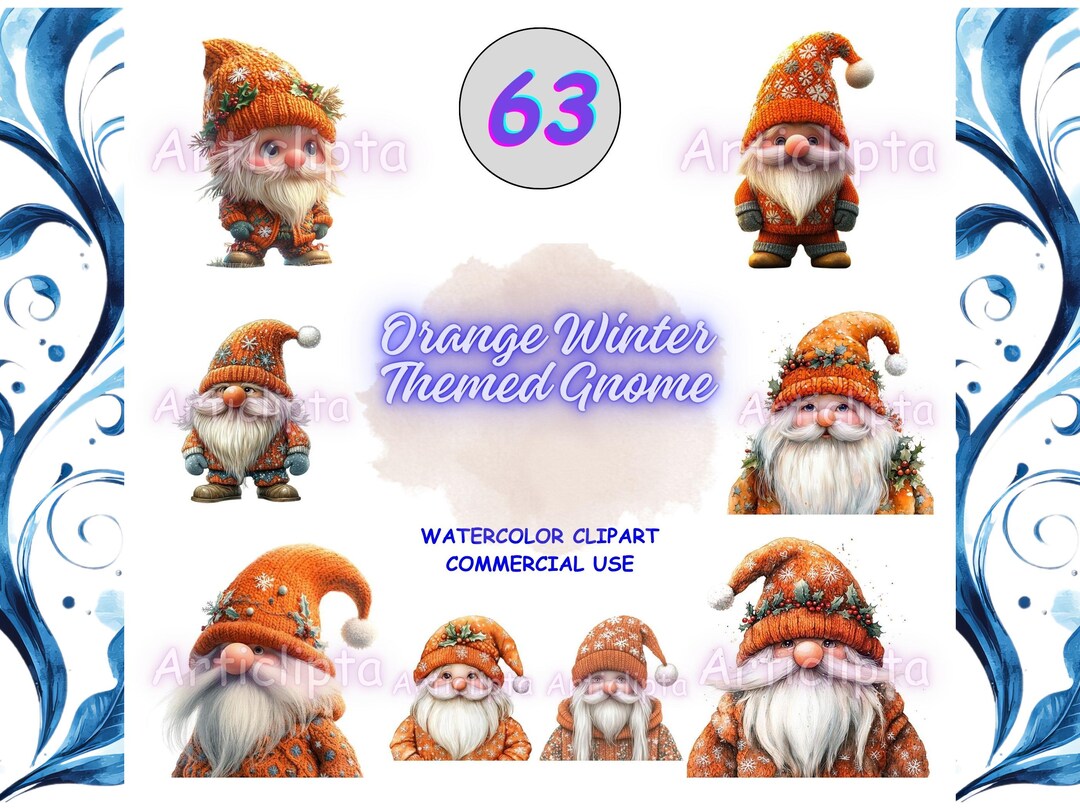 Watercolor Winter Gnome Clipart Bundle: Orange Snowflakes, Holly (PNG ...