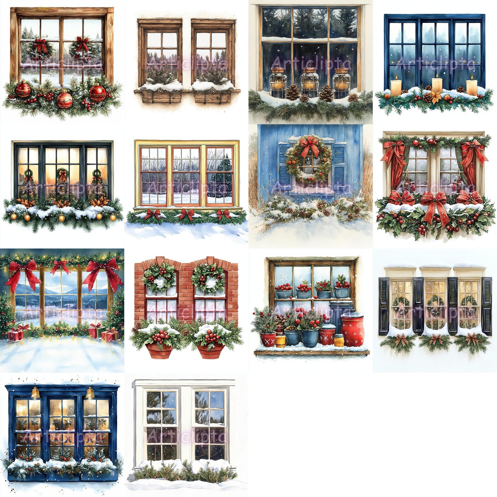 107 Images Christmas Windows Watercolor Clipart Bundle: Festive Holiday ...