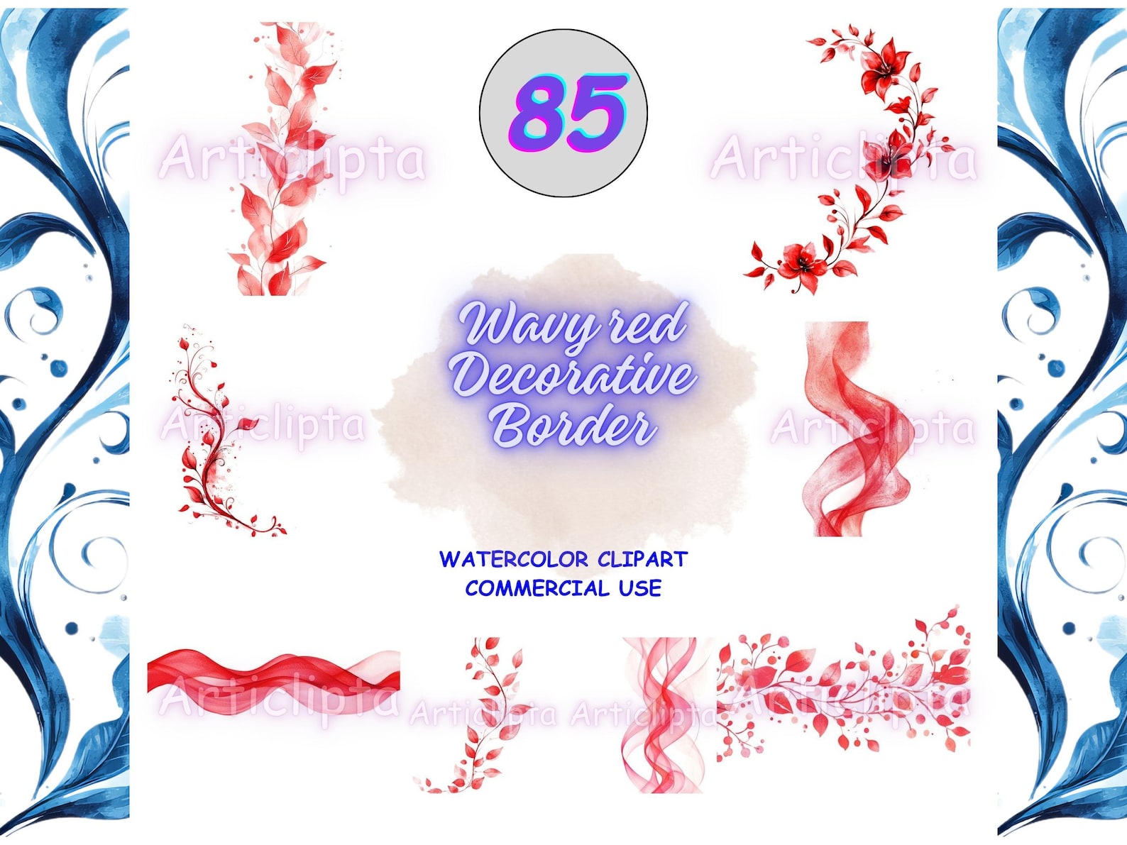 Red Watercolor Clipart Borders: Wavy Page Dividers (PNG Digital ...