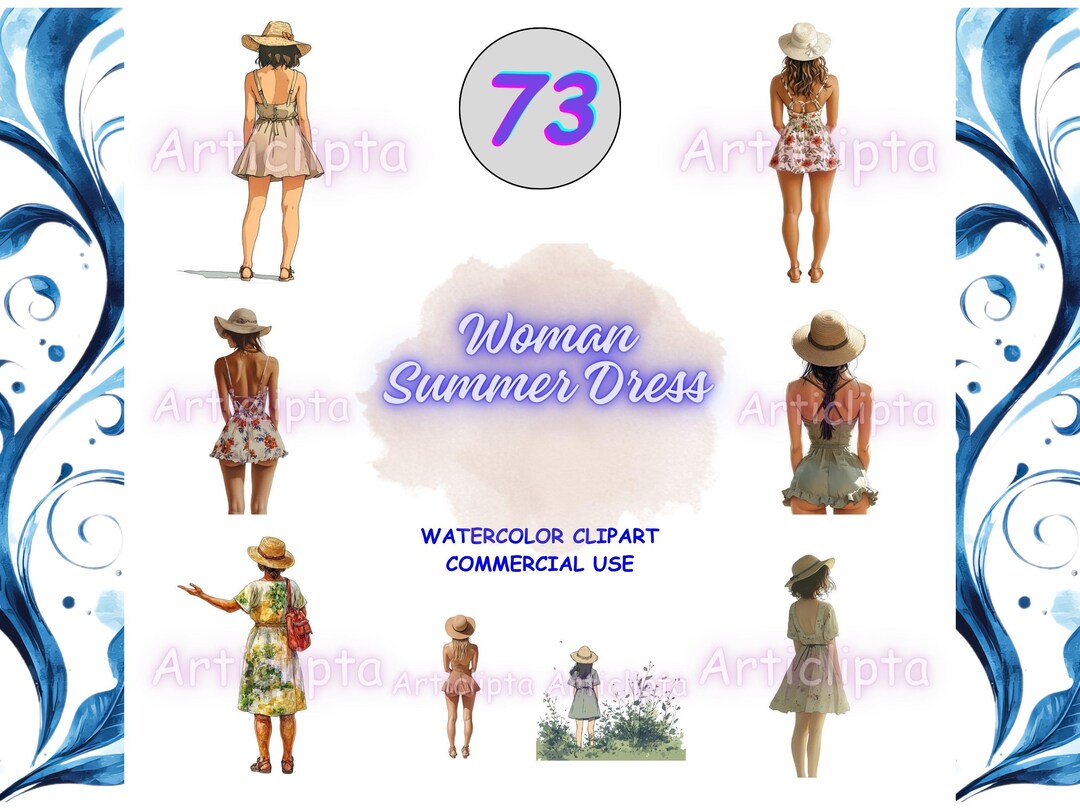 73 Summer Fashion PNG Clipart Bundle, Woman in Dress and Hat, Back View ...