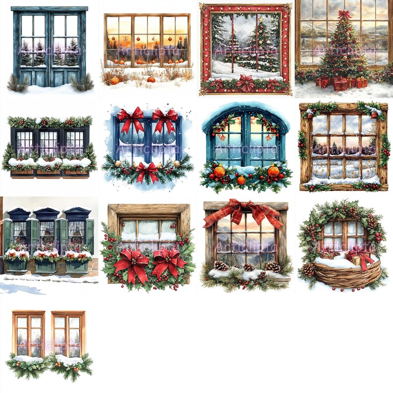 107 Images Christmas Windows Watercolor Clipart Bundle: Festive Holiday ...