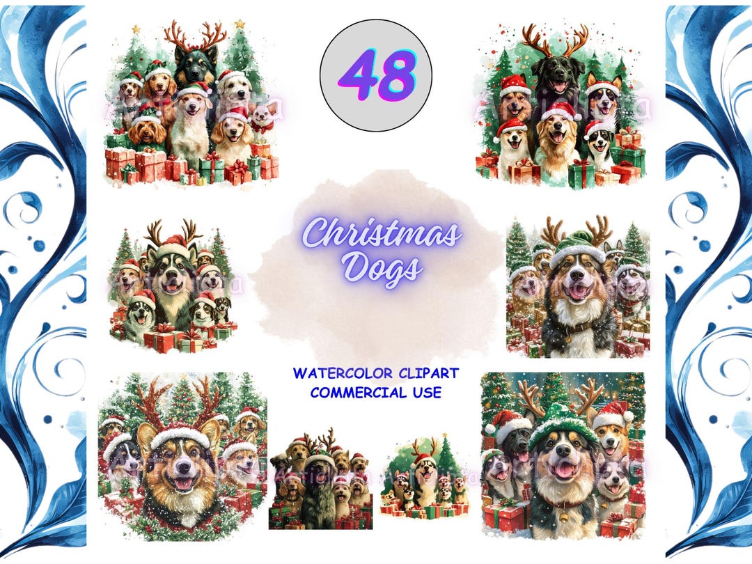 Watercolor Christmas Dogs Clipart Bundle: Festive Pets 48 PNG Images ...