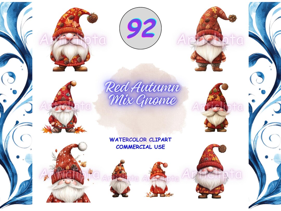 Watercolor Autumn Gnome Clipart Bundle: Red Fall Gnomes (PNG Digital ...