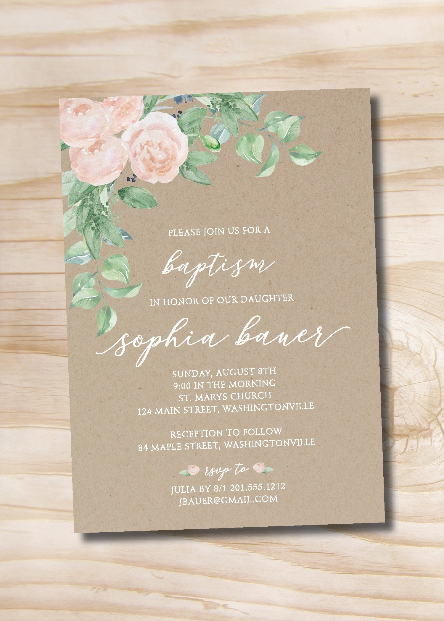 Watercolor Floral Baptism Invitation Rustic Baptism Etsy
