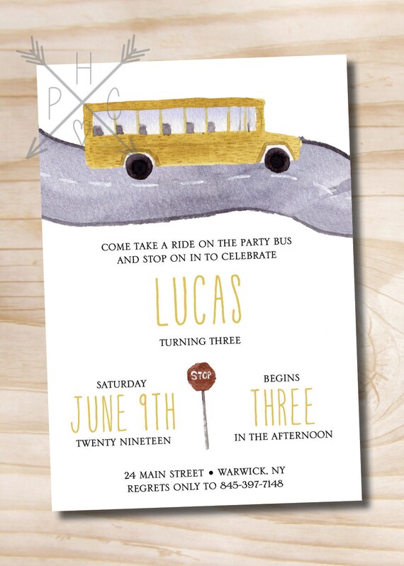 School Bus Invitation - Watercolor Birthday Invitation - Party Bus ...
