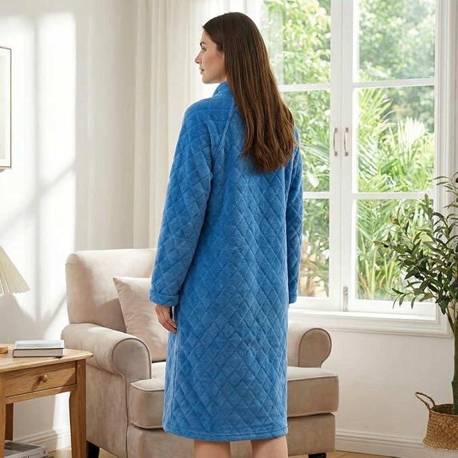 Loungees Womens Plush Fleece Robe Royal Blue, Mid Length Zip Front ...