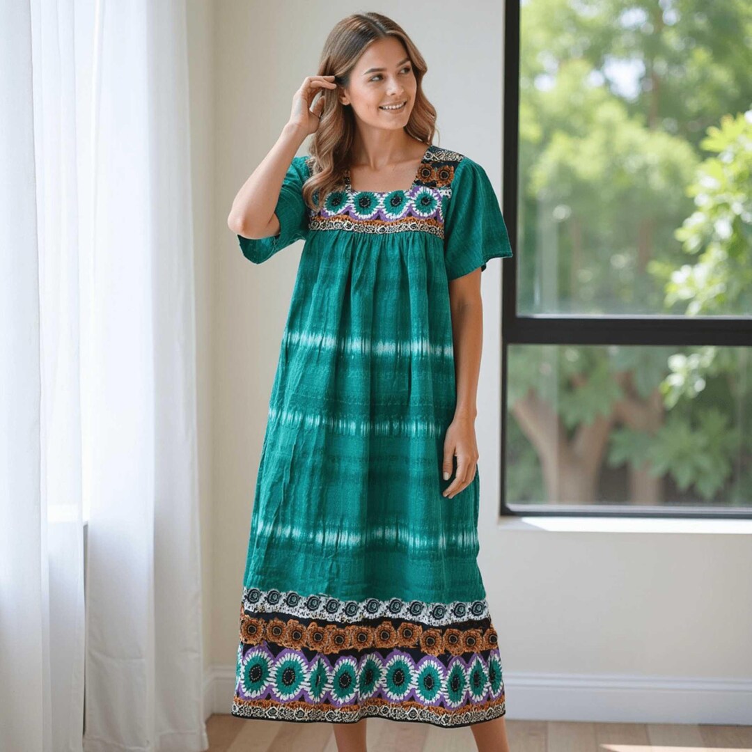 Women's Short Sleeve Teal Lounger House Dress - Contrast Yoke and Hem ...