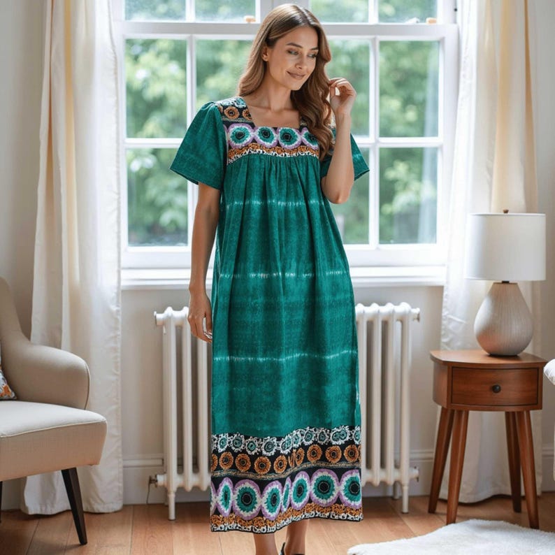 Women's Short Sleeve Teal Lounger House Dress - Contrast Yoke and Hem ...