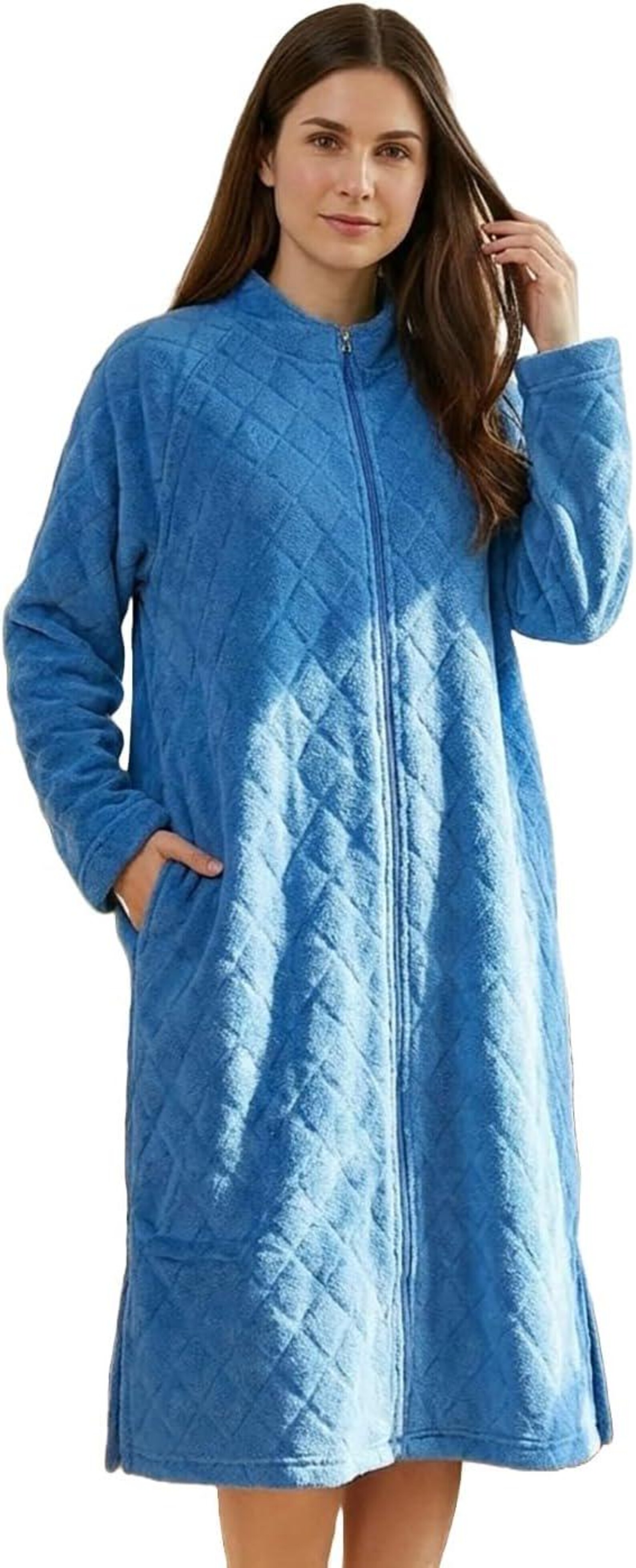 Loungees Womens Plush Fleece Robe Royal Blue, Mid Length Zip Front ...