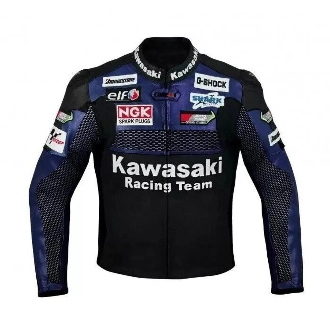 Kawasaki Blue Motorbike Racing Jacket Genuine Cowhide Biker Motorcycle ...