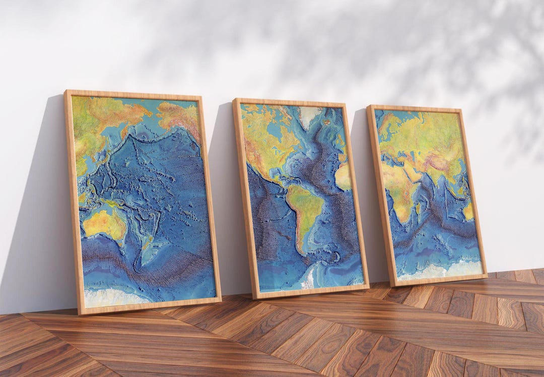 World Ocean Floor Map Wooden Framedart - Setof 3 Vintage World Map Fine ...