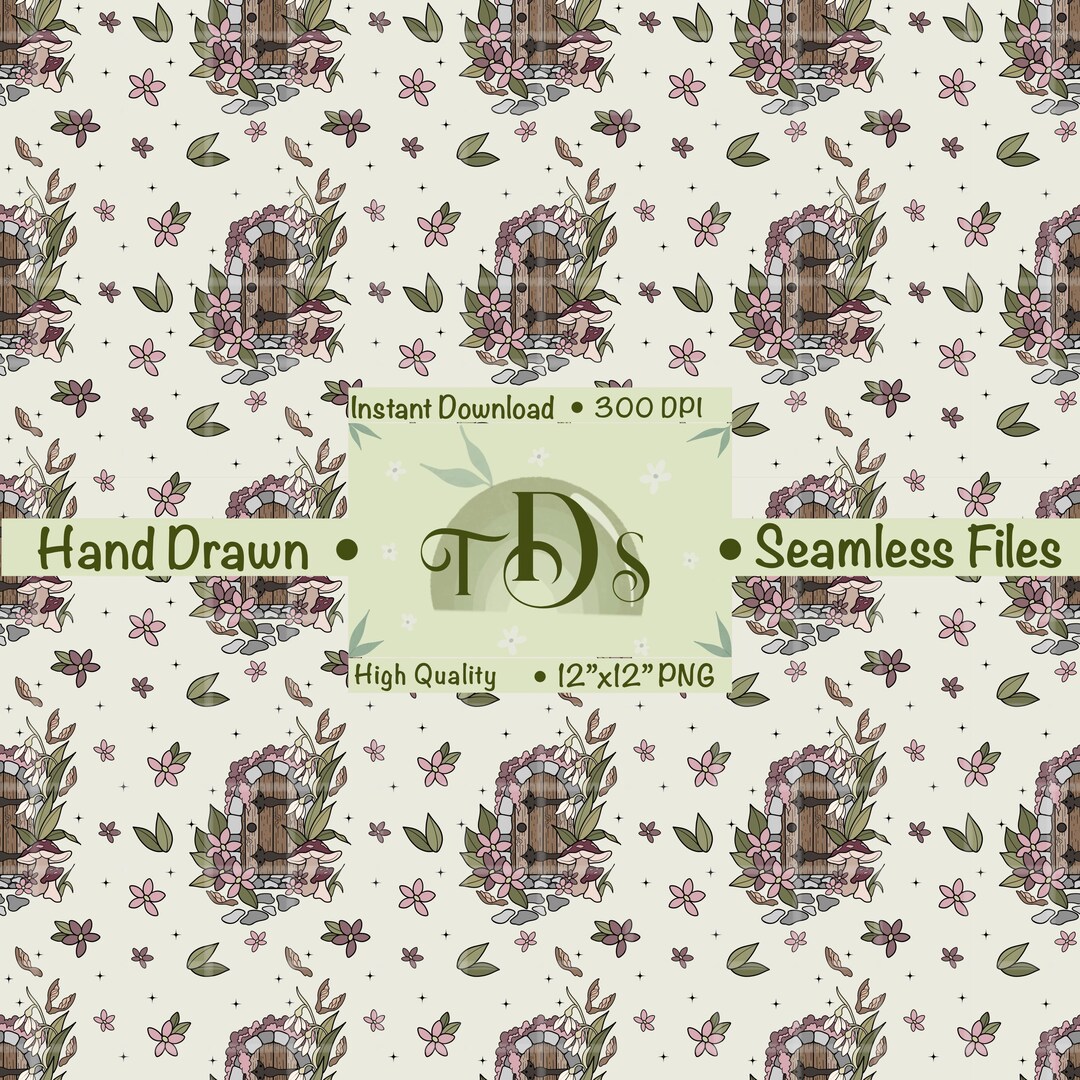Cottage Door Seamless Surface Pattern: Fairycore Floral Design (digital ...
