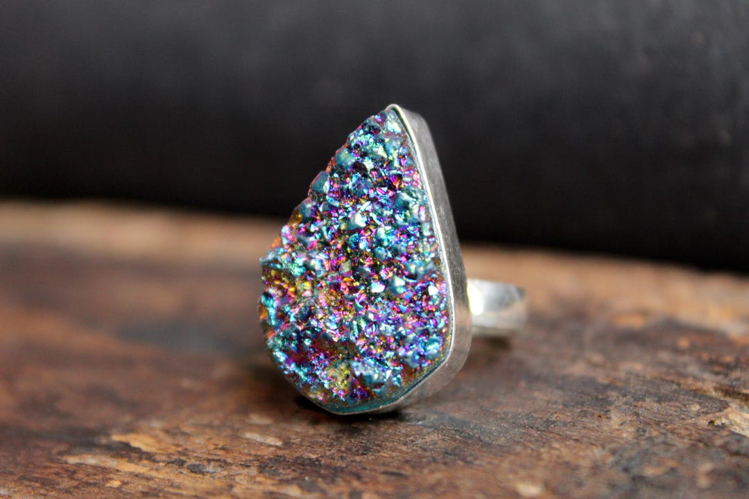Rainbow Titanium Druzy Agate Ring, Colorful Druzy Quartz Ring ...