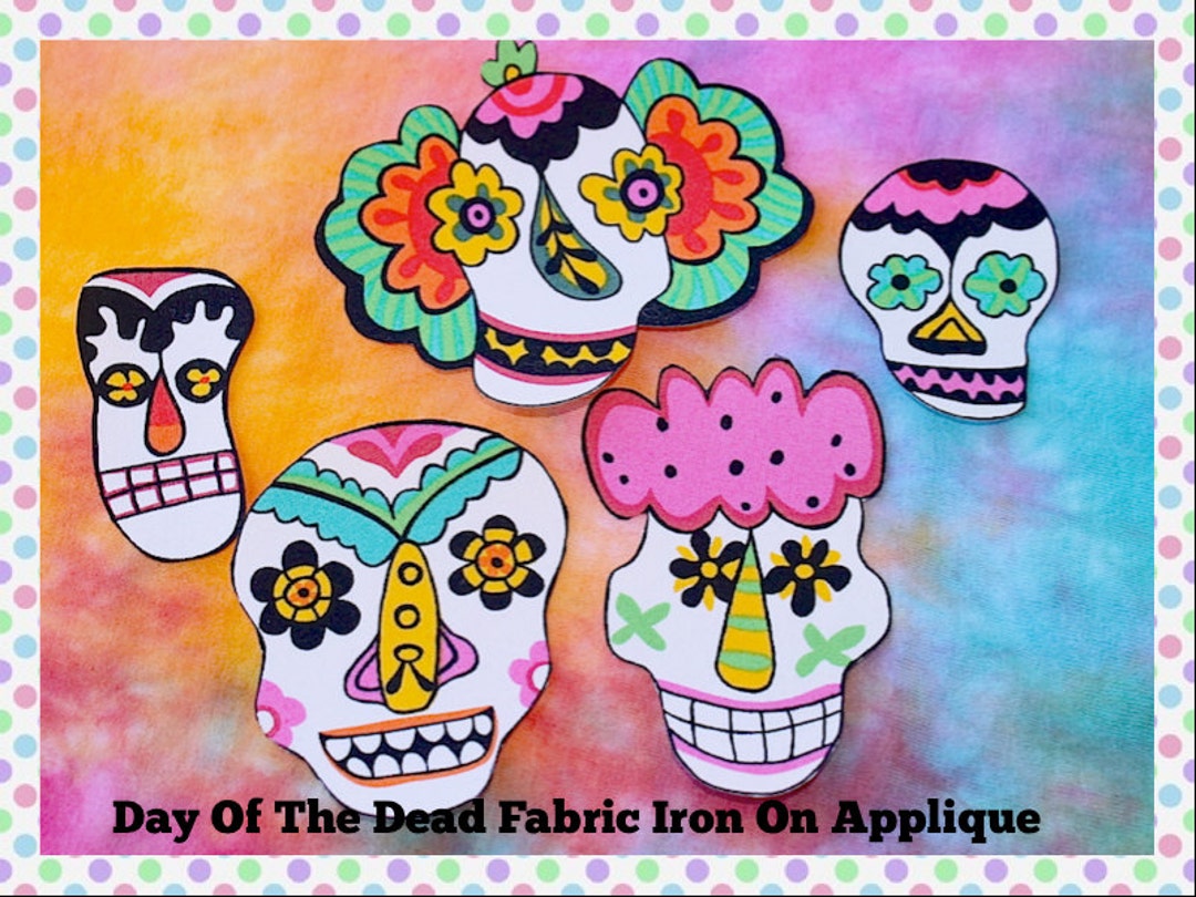 6 COLORFUL SCARY Day of the Dead SKULLS Large Fabric Iron on Appliques ...