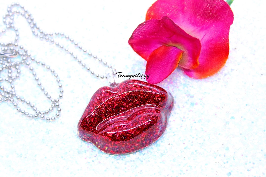 Red Glitter Lips Necklace: Handmade Resin Smooches Pendant - Etsy