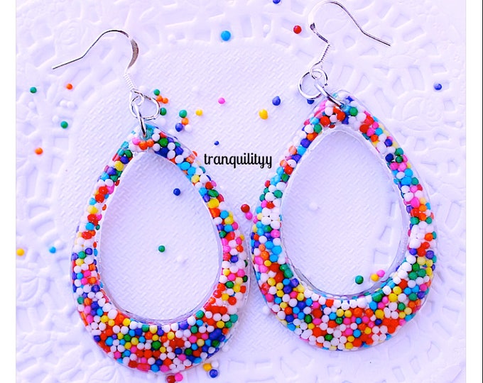 Sprinkle Earrings, Rainbow Hoop Earrings, Real Candy Sprinkles Loop ...