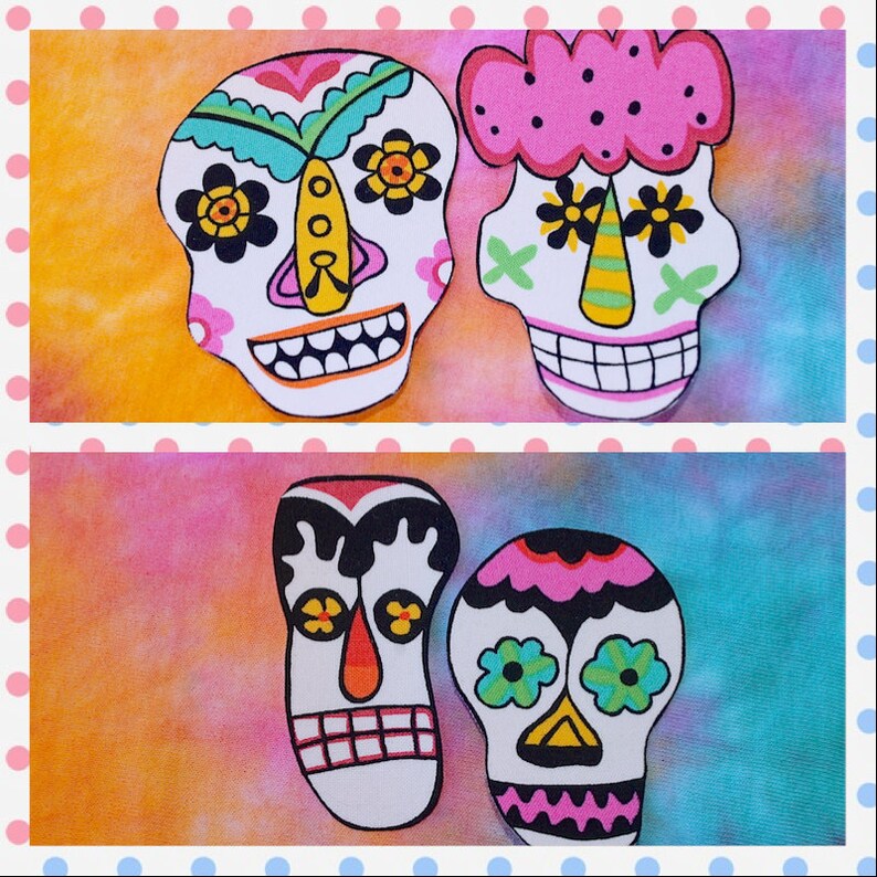 6 COLORFUL SCARY Day of the Dead SKULLS Large Fabric Iron on Appliques ...