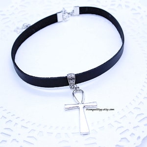 Ankh Cross Choker / Cowhide Black Leather Ankh Necklace / Cross Choker ...