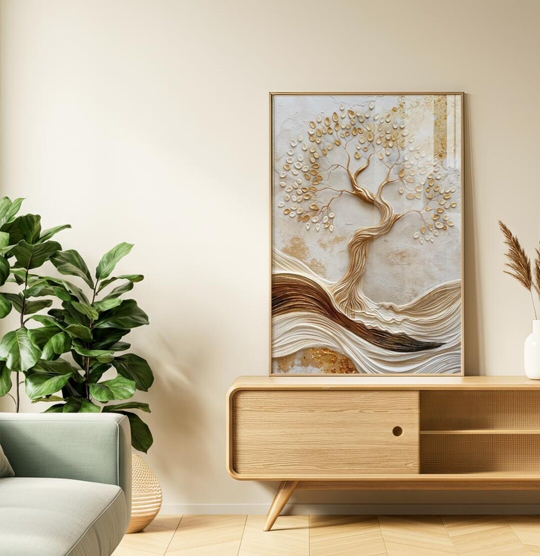 White & Gold Carved Tree – Plaster Texture Canvas – 3D Embossed Nature ...