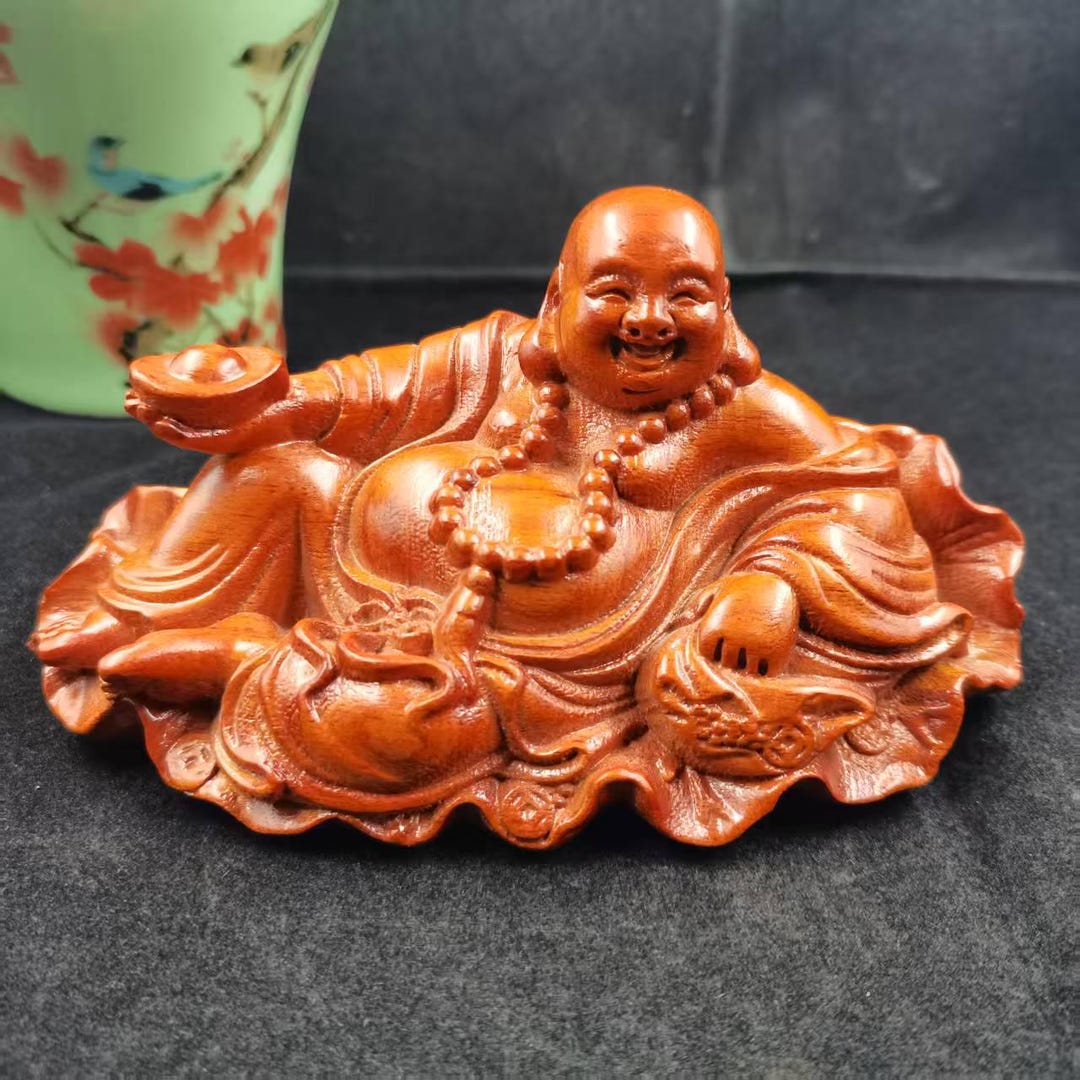 Huali Wood Laughing Buddha Statue Lotus Maitreya Carving Wealth ...