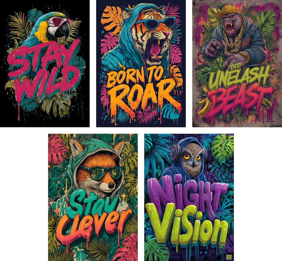 Graffiti Animal Wall Art Set – Urban Jungle Poster – Street Art Animal ...