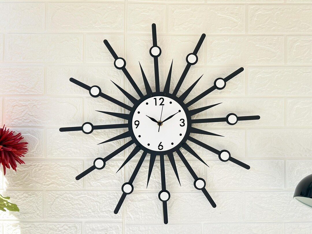 Large Starburst Art Wall Clock, Mid Century Modern Decor Clock, Wall ...