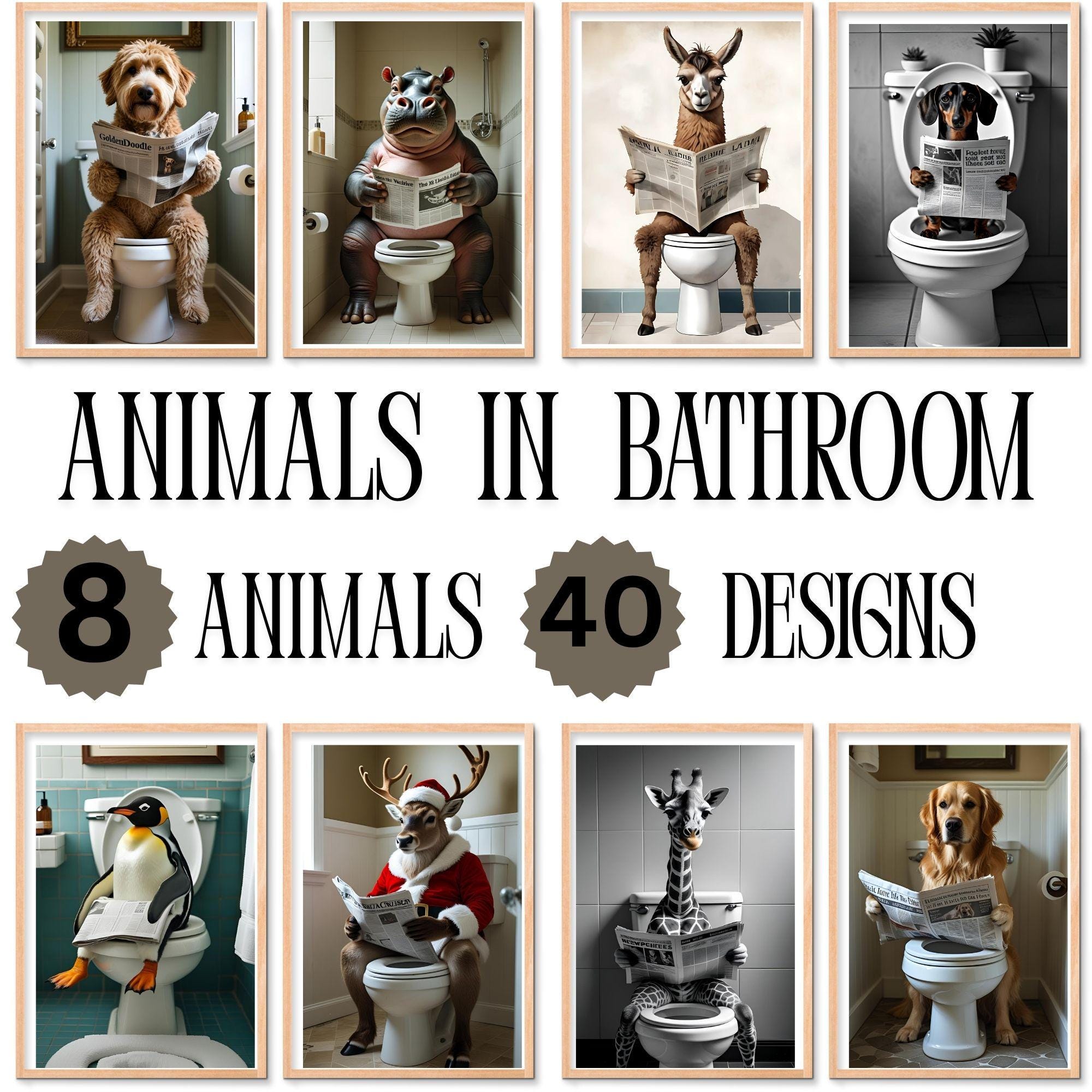 Funny Animals Bathroom Wall Art Bundle Printable, Toilet Humor Decor ...