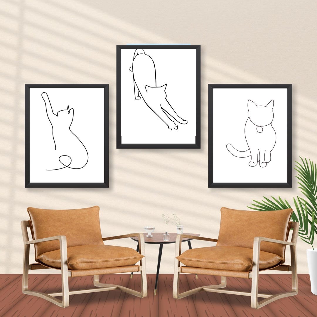 Set of 3 Cat Line Art Print – Minimalist Cat Outline Poster Set – Black ...
