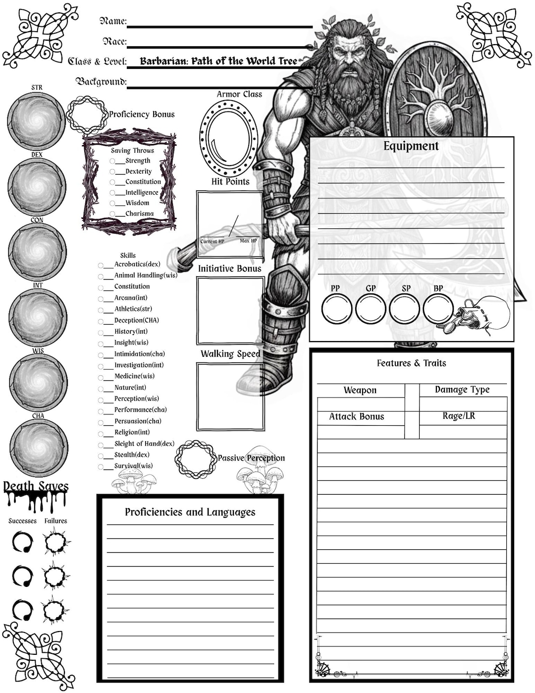 Ficha de Personagem de Bárbaro da Árvore do Mundo: D&D 5E Imprimível ...