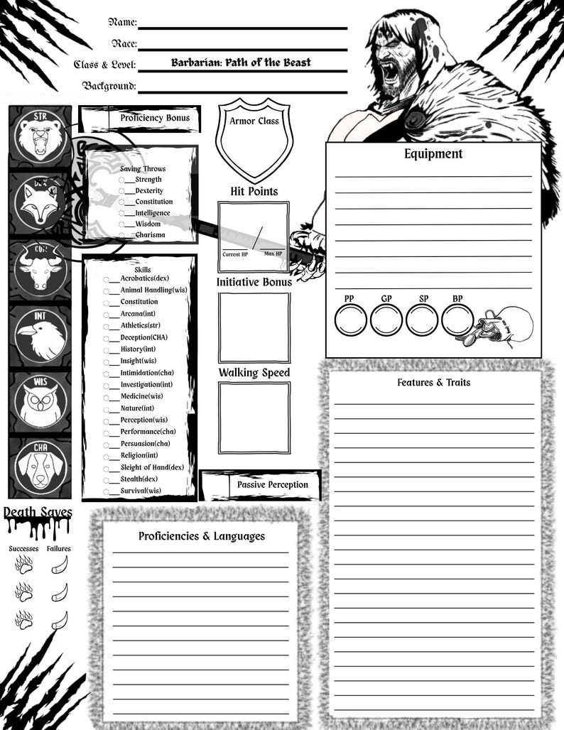 Barbarian Path of the Beast Dnd 5E Character Sheet (printable PDF) - Etsy