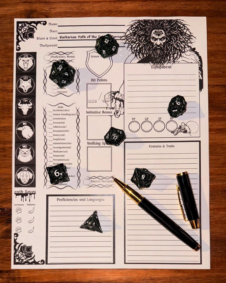 Barbarian Totem Warrior Dnd 5e Character Sheet (printable PDF) - Etsy