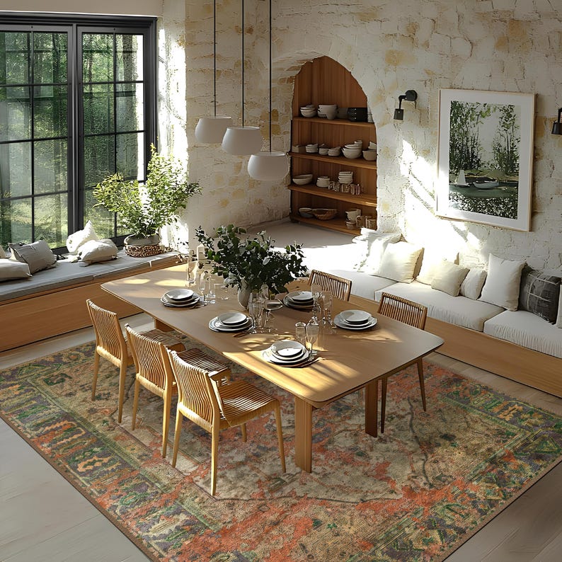 Rustic Oriental Rug, Traditional Faded Area Rug, Orange and Green Tones ...