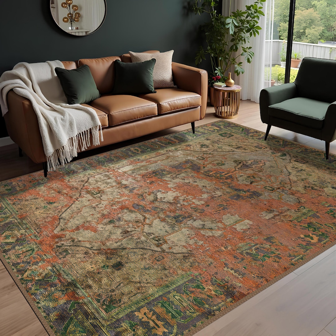 Rustic Oriental Rug, Traditional Faded Area Rug, Orange and Green Tones ...