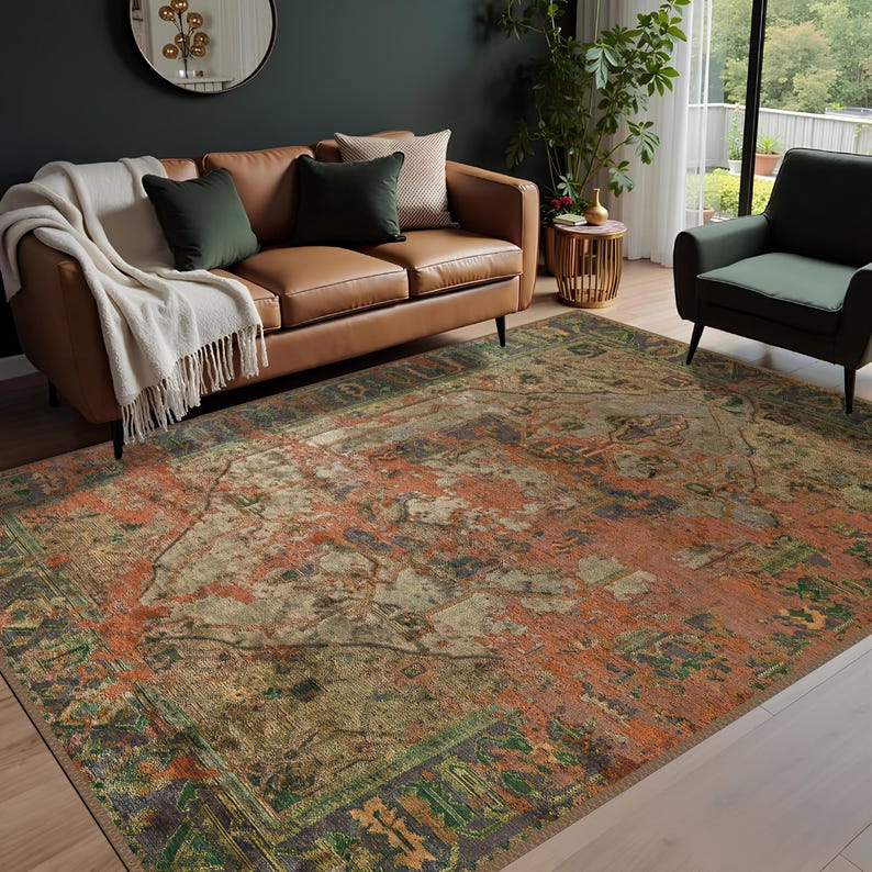 Rustic Oriental Rug, Traditional Faded Area Rug, Orange and Green Tones ...