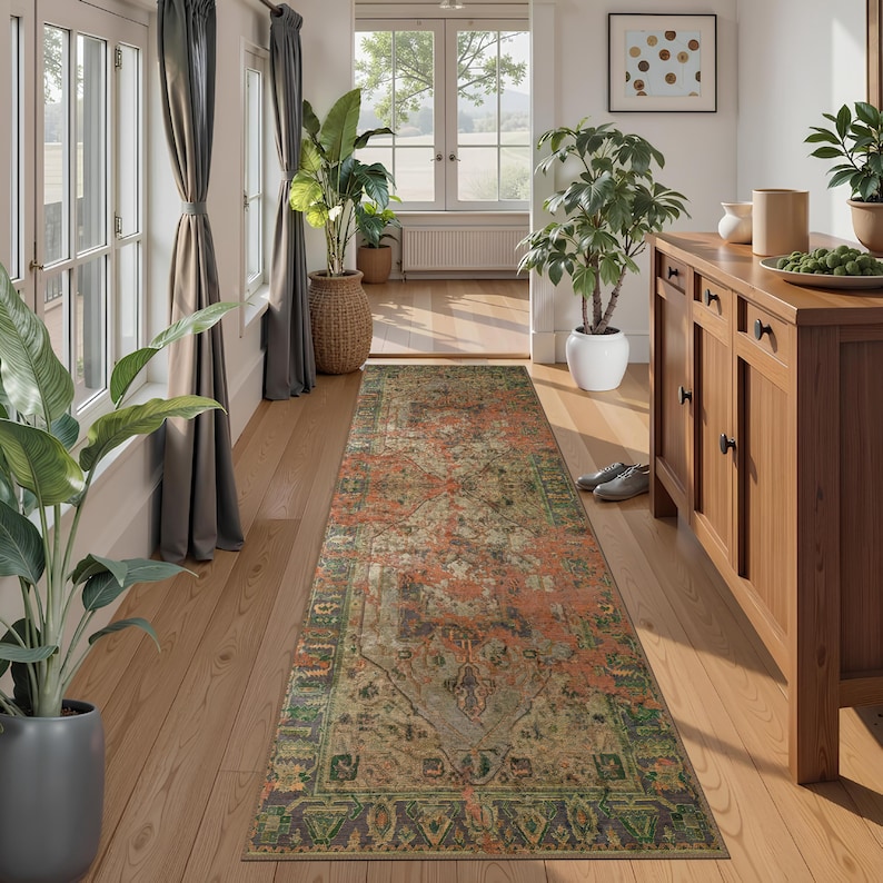 Rustic Oriental Rug, Traditional Faded Area Rug, Orange and Green Tones ...