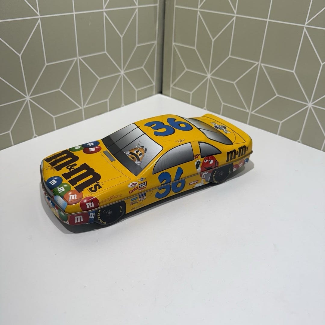 1999 M&m's - Nascar #36 Ernie Irvan Race Car Yellow Tin Candy Dish Mms ...