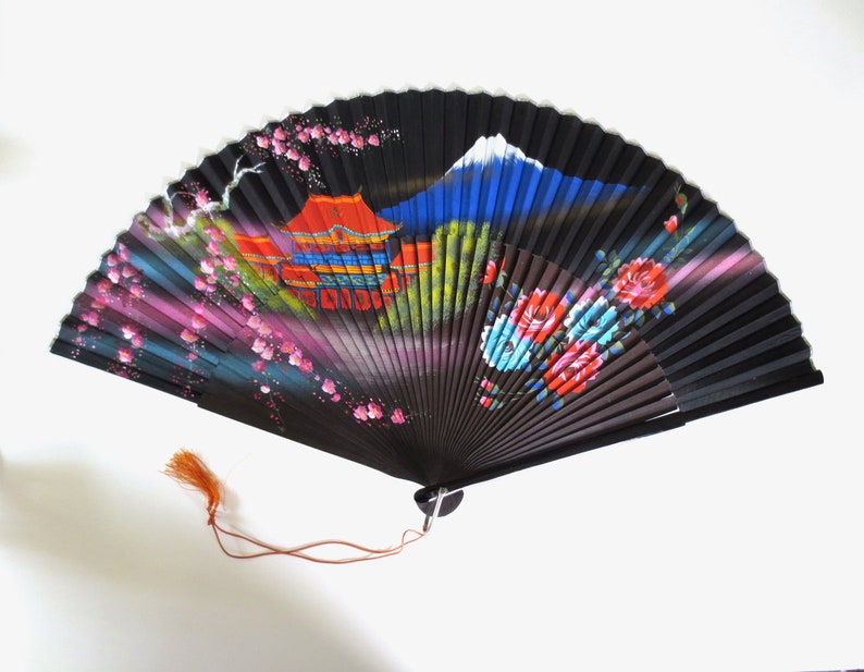 Mount Fuji Hand Painted Fan 1960s Large Flamenco Black Fan - Etsy