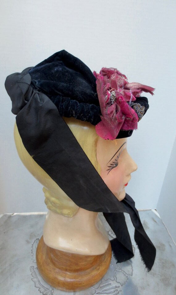 Antique Victorian Black Velvet Bonnet 1870s Hat, Bead… - Gem