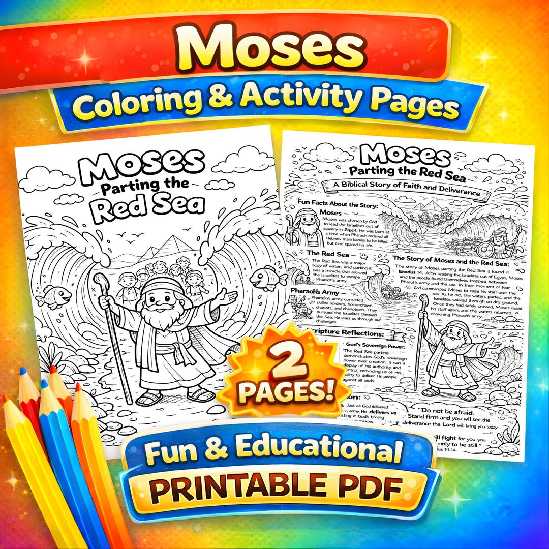 Moses Parting the Red Sea, Coloring Page, Cartoon Bible Activity for ...