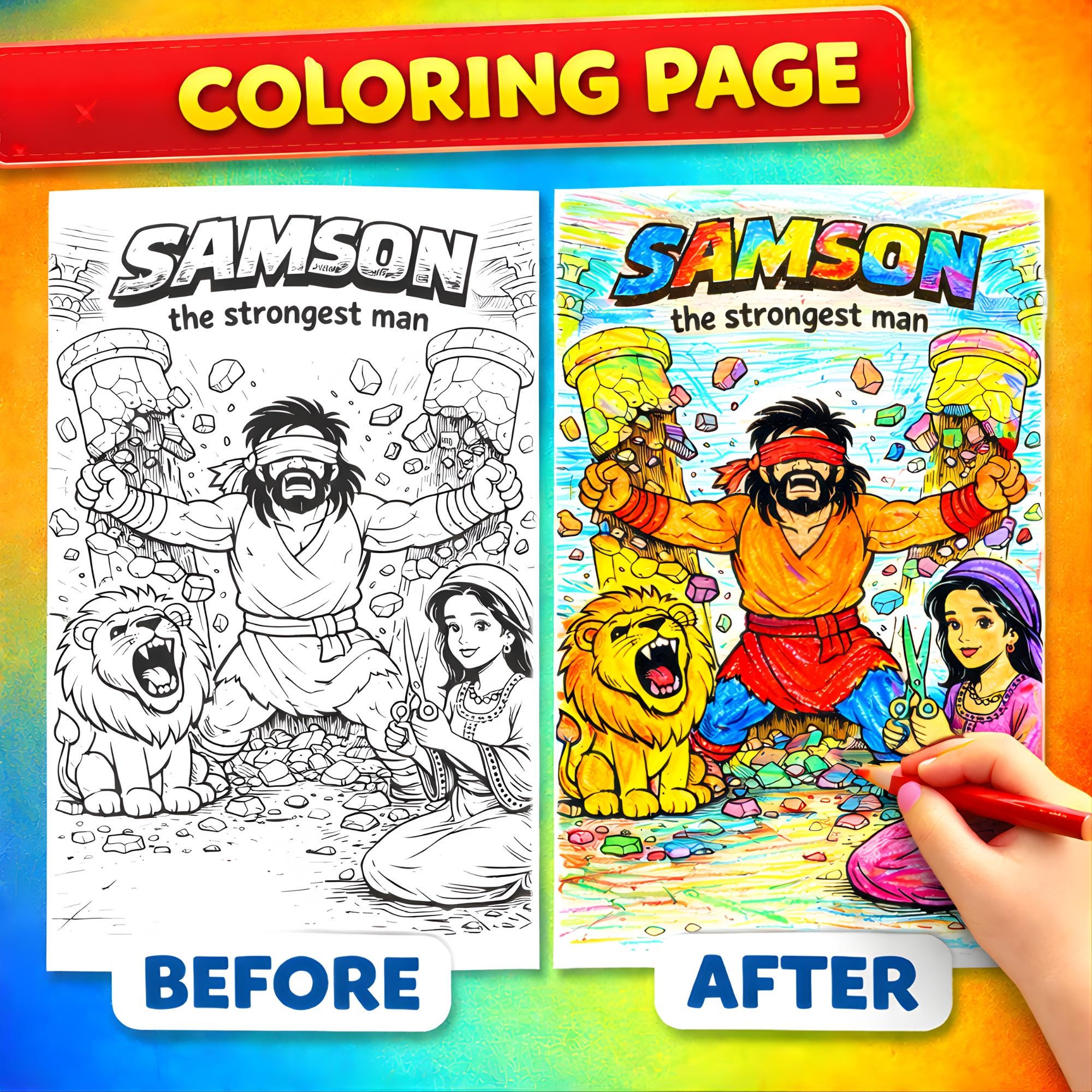 Samson Bible Coloring Page, Kids Activity Printable PDF, Sunday School ...