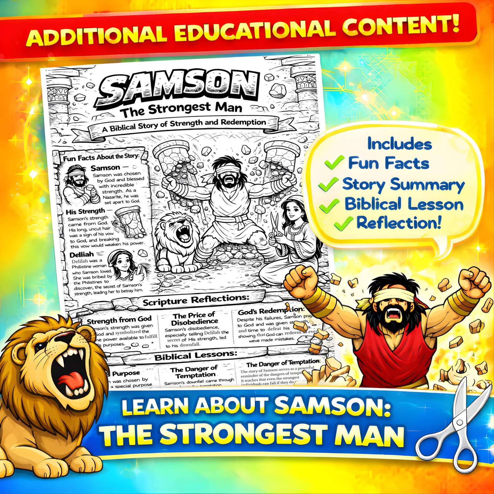 Samson Bible Coloring Page, Kids Activity Printable PDF, Sunday School ...