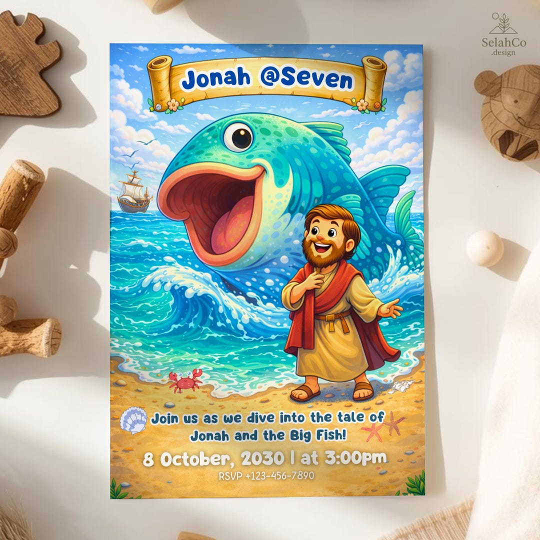 Jonah and the Big Fish Invitation, Christian Kids Birthday, Canva ...