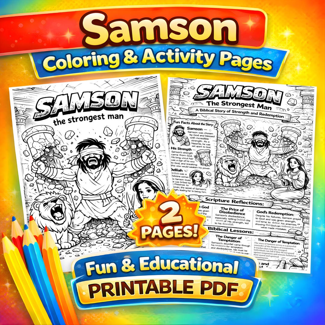 Samson Coloring Page: Bible Story Activity, Sunday School (PDF ...