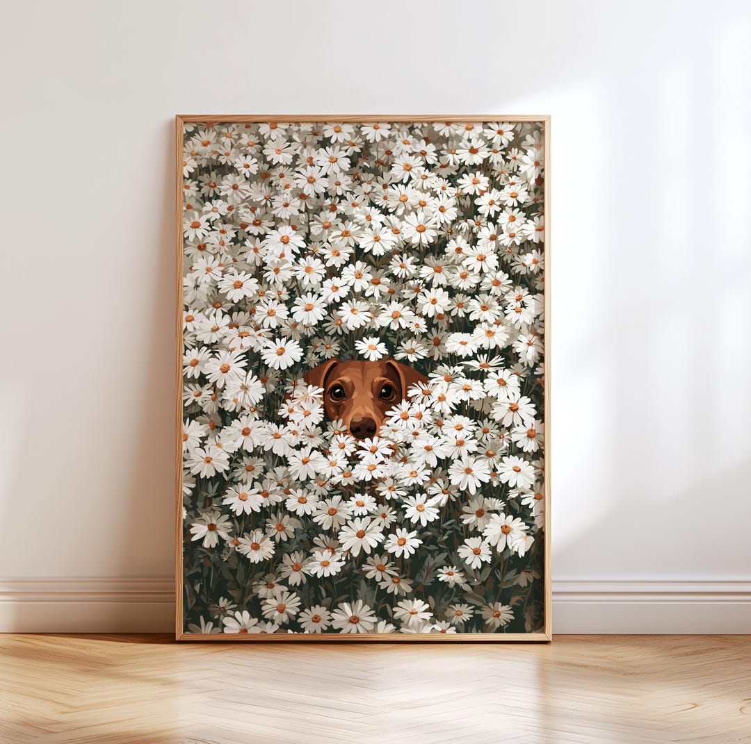 Hidden Dachshund Daisy Field Poster, Whimsical Dog Floral Wall Art - Etsy