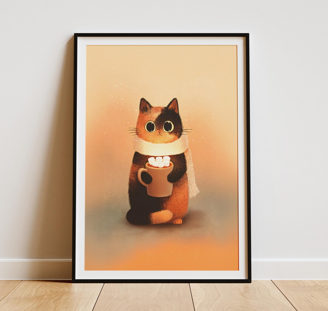 Calico Cat Hot Cocoa Poster • Tortoiseshell Cat • Cozy Winter Wall Art ...